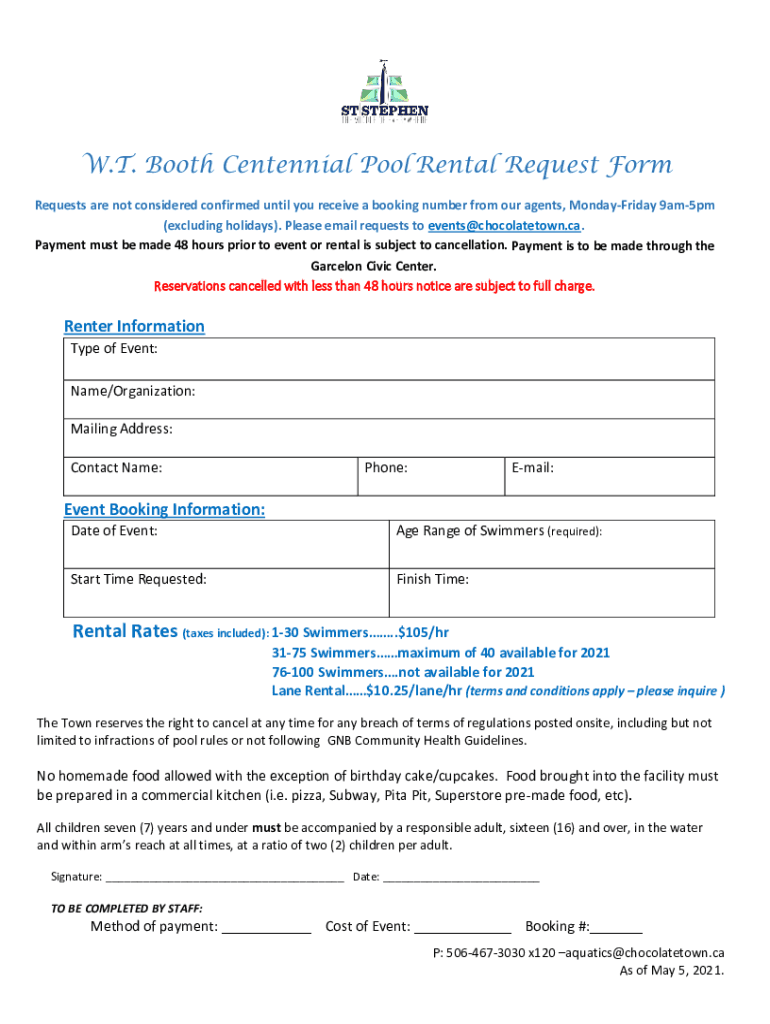 Fillable Online town ststephen nb W.T. Booth Centennial Pool Rental ...