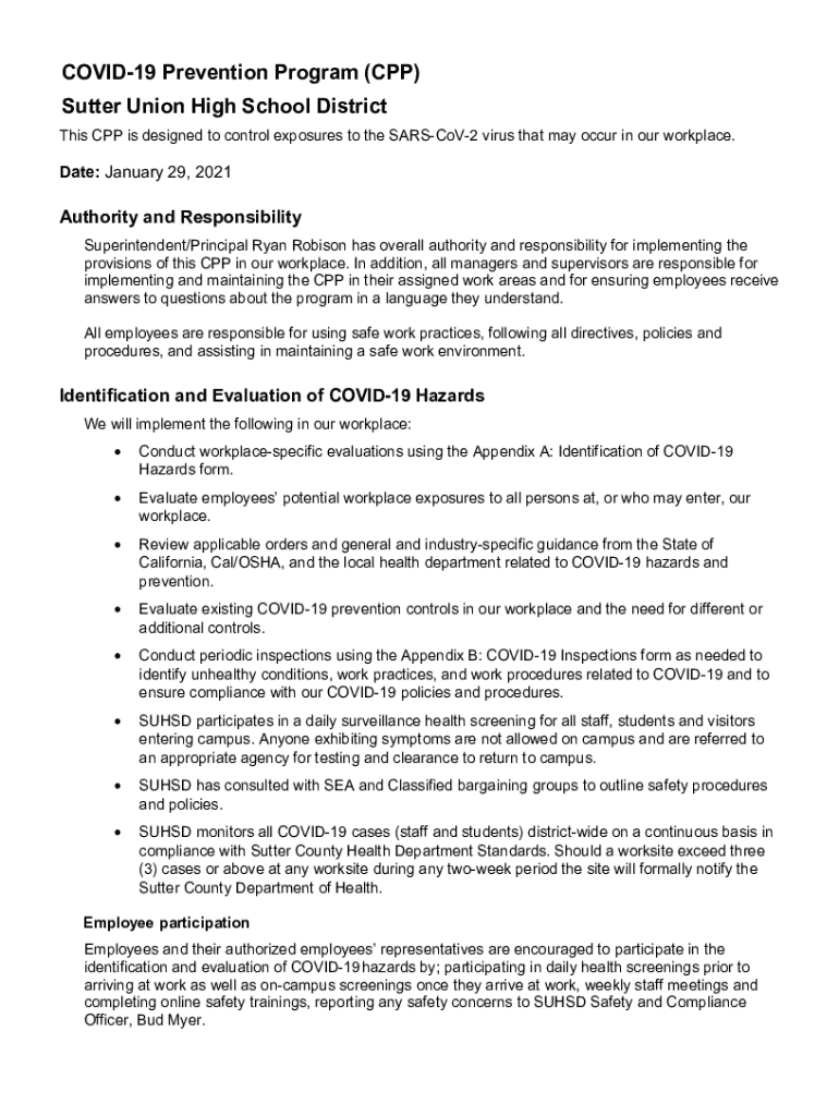 Fillable Online COVID-19 Prevention Program (CPP) Sutter Union High ... Fax Email Print - pdfFiller