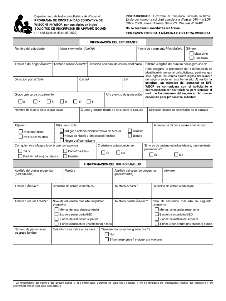 Fillable Online dpi wi PI-1578 WEOP Upward Bound Enrollment Application ...
