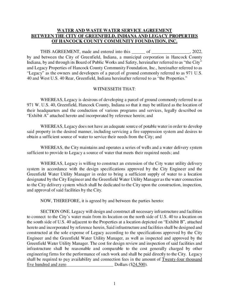 Fillable Online Utility Service Agreement Form - City of Greenfield ...