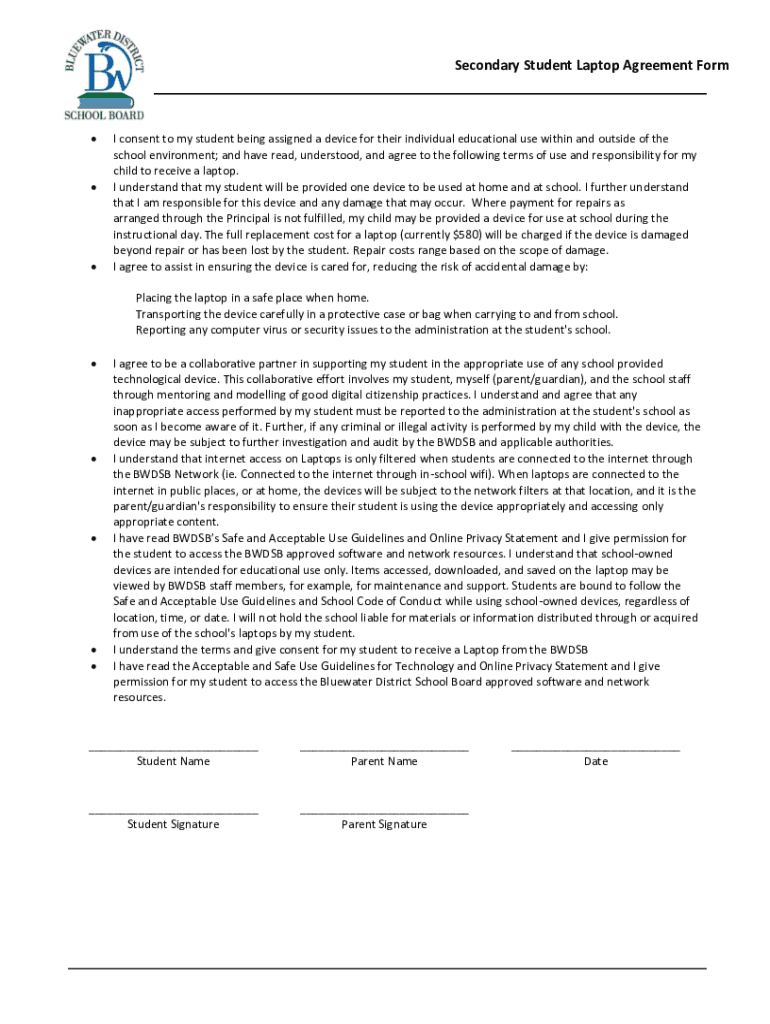 Fillable Online Secondary Student Laptop Agreement Form - SharpSchool ...