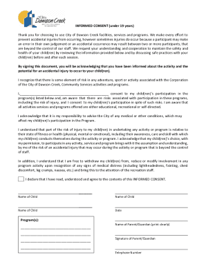 Fillable Online INFORMED CONSENT (under 19 years) - City of Dawson ...