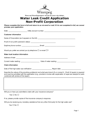 Fillable Online Water Leak Credit Application Form for Non-Profit ...