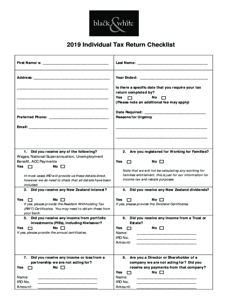 Fillable Online 2019 Individual Tax Return Checklist - Black & White ...