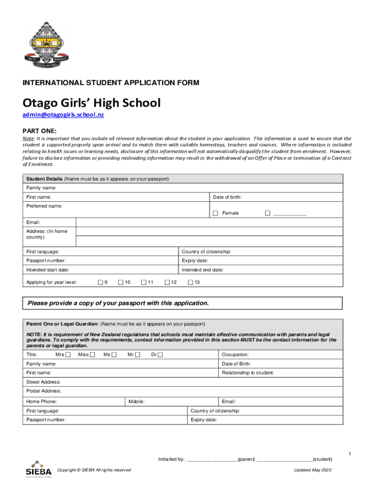 Fillable Online International Student Application form - Otago Girls' High School Fax Email ...
