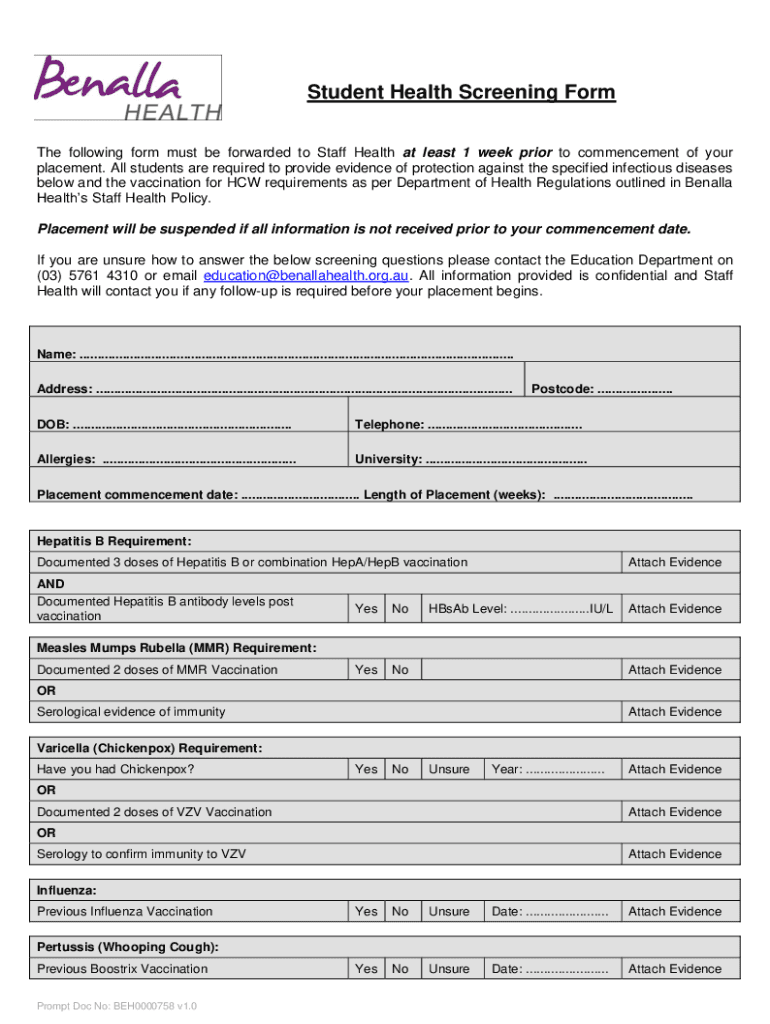 Fillable Online Student Health Screening Form - Benalla Health Fax ...