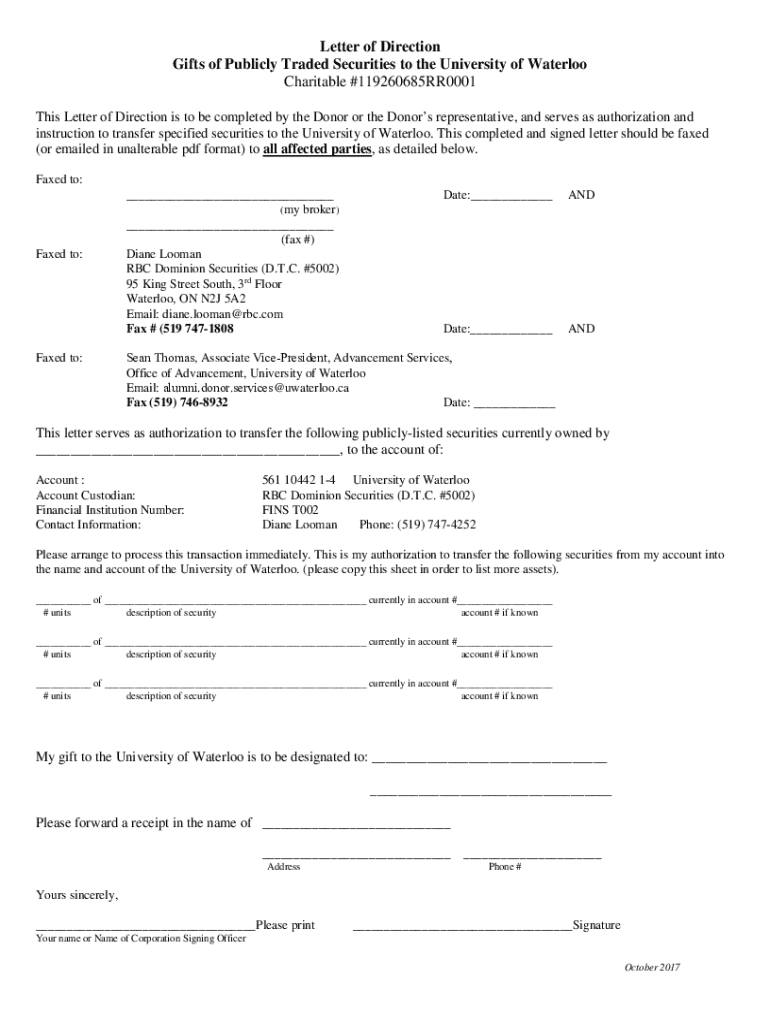 Fillable Online Letter of Direction for Donation of Publicly Traded ...