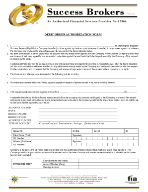 Fillable Online DEBIT ORDER AUTHORIZATION FORM - Success Brokers Fax ...