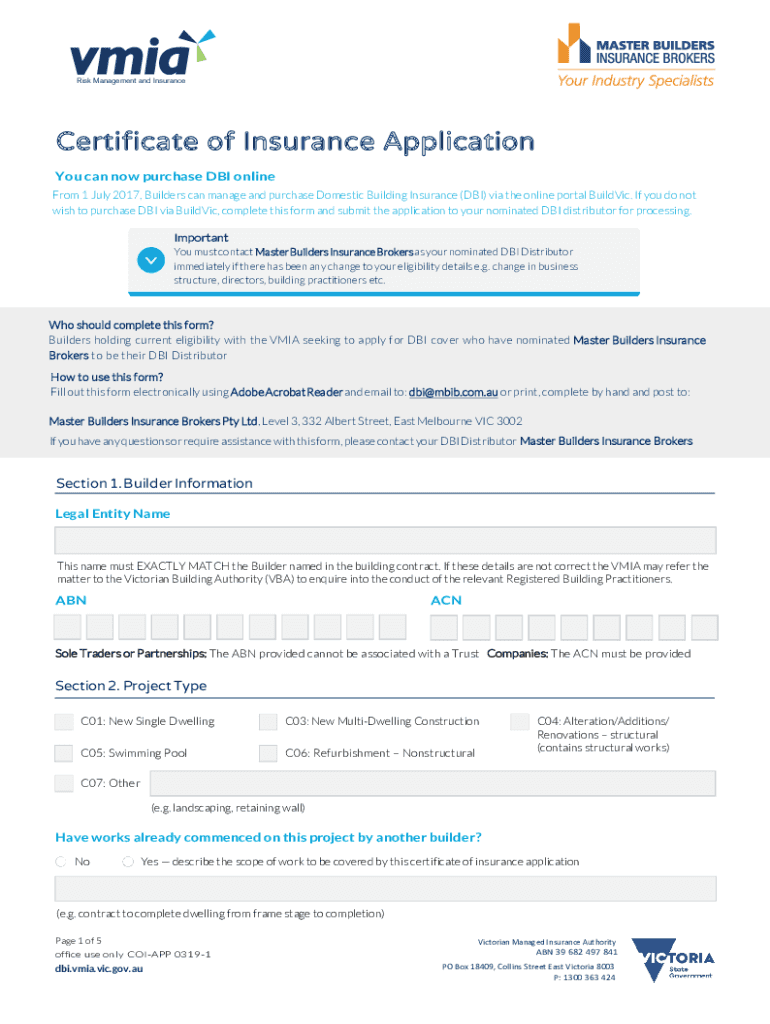 Fillable Online VMIA Certificate of Insurance Application - MBAIS. COI ...