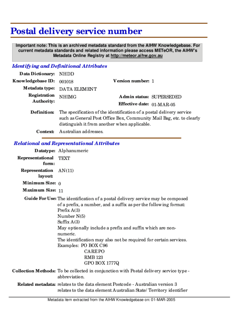 Fillable Online Postal delivery service type - abbreviation - AIHW ...
