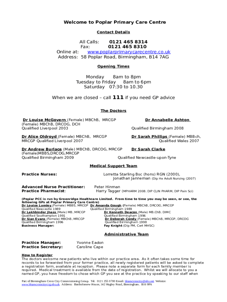 New Patient Registration - Poplar Primary Care Centre Doc Template | pdfFiller