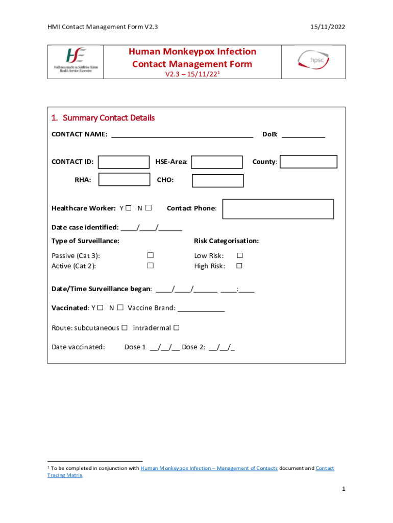 Fillable Online Human Monkeypox Infection Contact Management Form Fax Email Print - pdfFiller