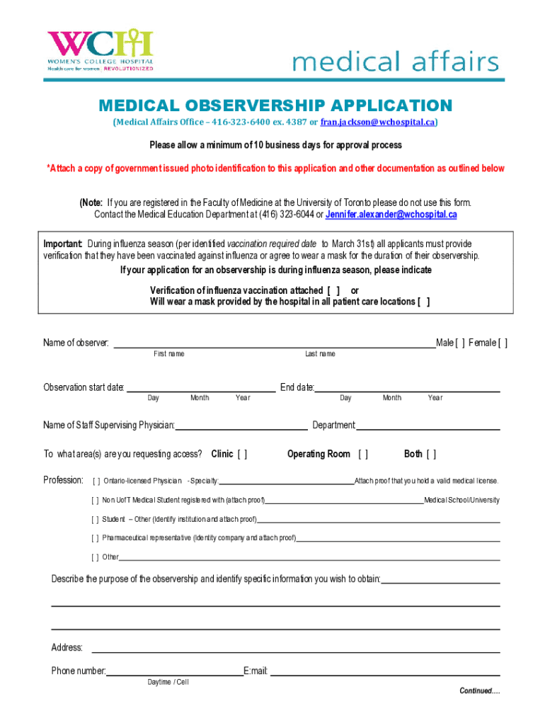Fillable Online Application for Observership Rotation Department of ...