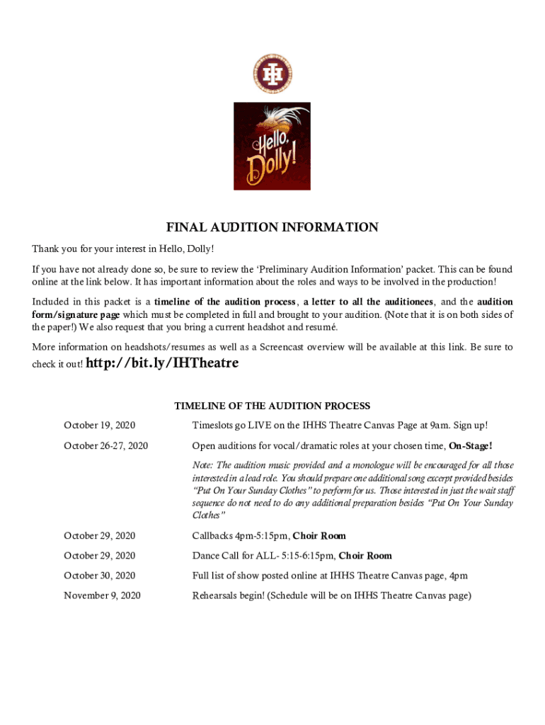 Fillable Online Emmaus High School Musical Audition Packet Hello, Dolly ...