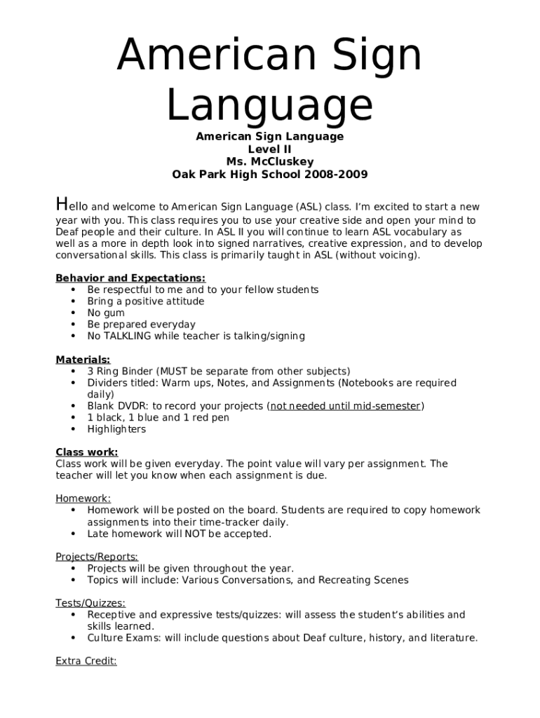American Sign LanguageBeginning II - One Schoolhouse Doc Template ...