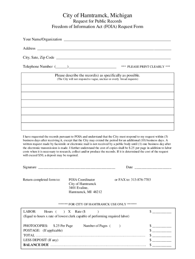 Fillable Online Michigan Sample FOIA Request Your Name Street Address ...