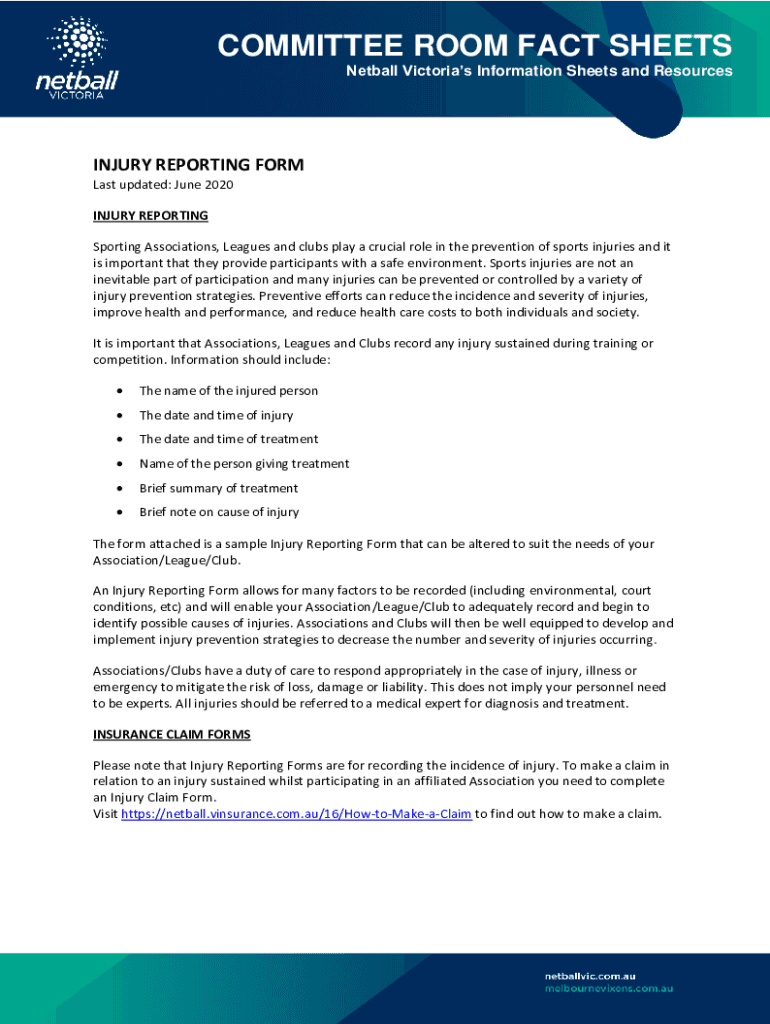 Fillable Online INJURY REPORTING FORM - Netball Victoria Fax Email ...