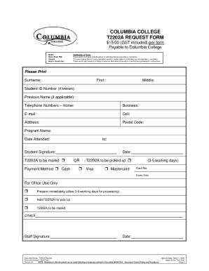 Fillable Online COLUMBIA COLLEGE T2202A REQUEST FORM Fax Email Print ...