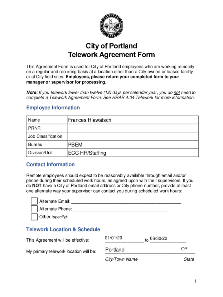 Fillable Online City of Portland Telework Agreement Form Fax Email Print - pdfFiller