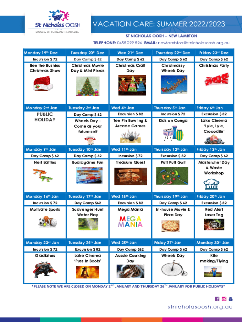 Fillable Online Summer Vacation Care at St Nicholas OOSH was filled ...