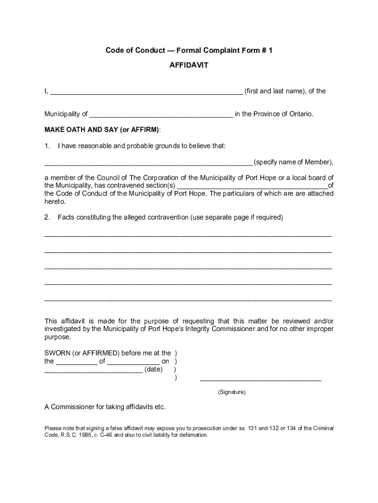 Fillable Online Code of Conduct Formal Complaint Form - Kawartha Lakes ...