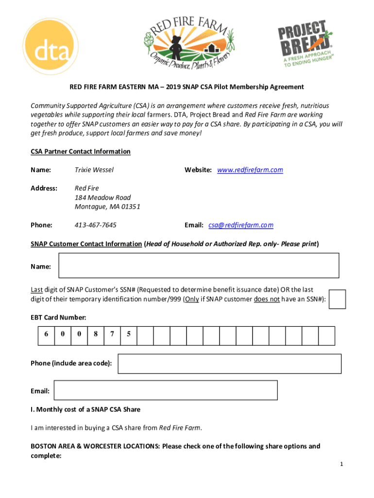 Fillable Online 2022 SNAP CSA Pilot Membership Agreement - Red Fire Farm Fax Email Print - pdfFiller