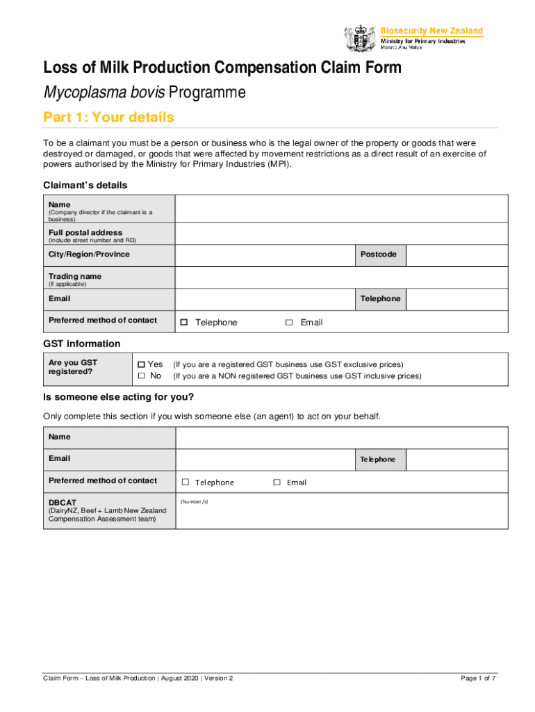 Fillable Online Loss of Milk Production Compensation Claim Form ... Fax ...
