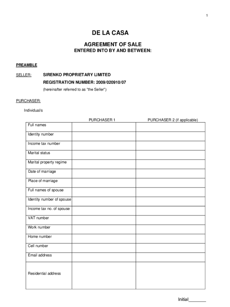 Fillable Online de la casa - agreement of sale - delaCasaSwallowHills ...