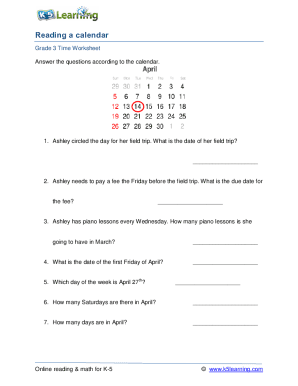 Fillable Online Reading a Calendar - Grade 3 Time Worksheet Fax Email ...