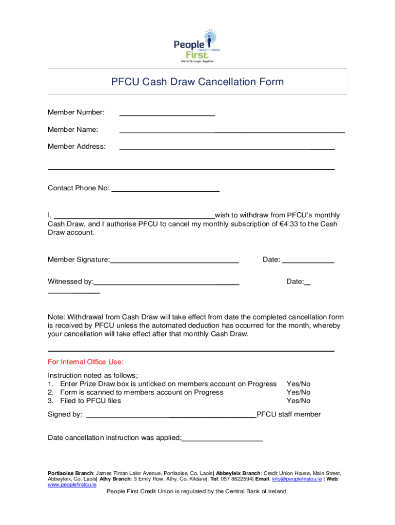Fillable Online PFCU Cash Draw Cancellation Form Fax Email Print ...