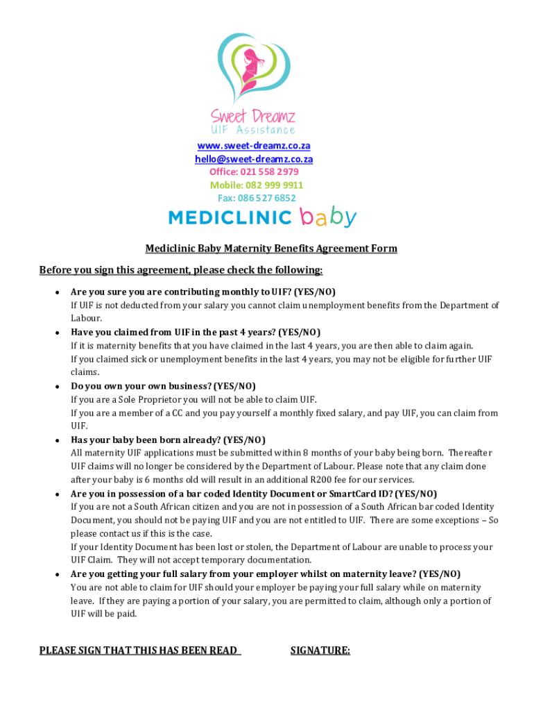 Fillable Online sweet-dreamz co Mediclinic Baby Maternity Benefits ...