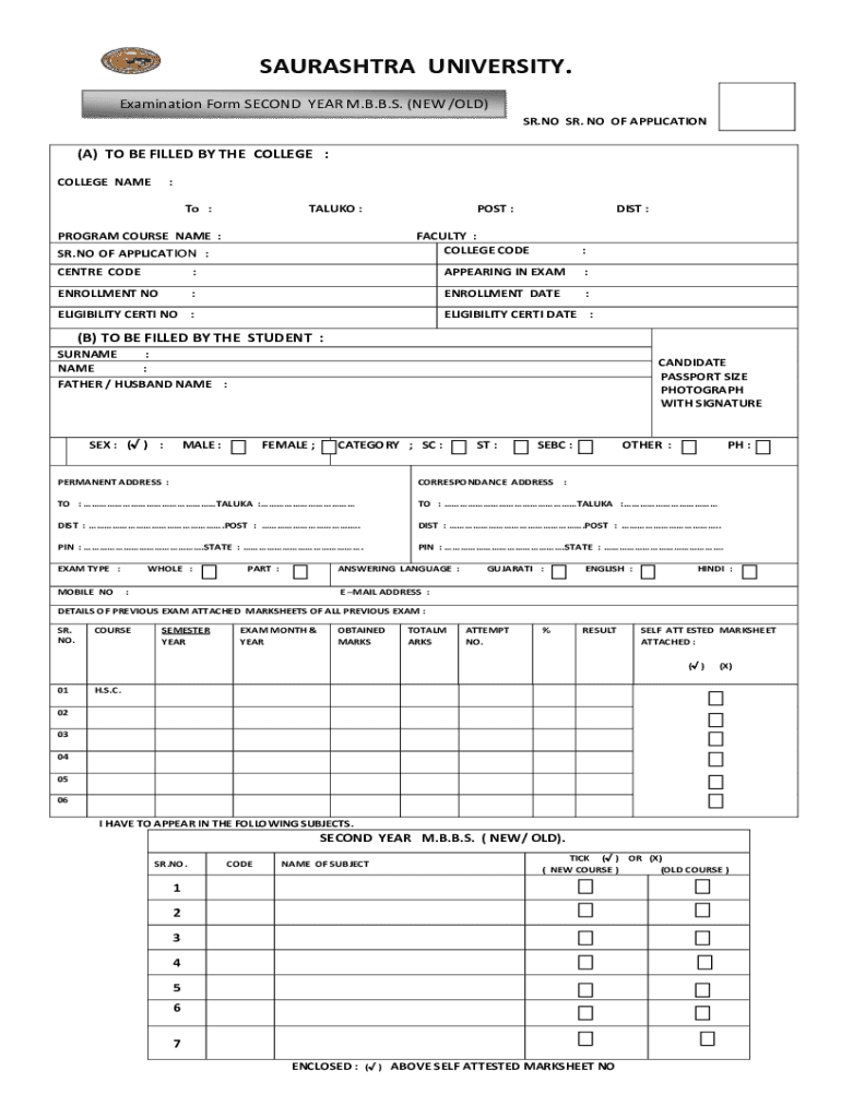 Fillable Online Examination Form SECOND YEAR MBBS (NEW /OLD) Fax Email Print - pdfFiller
