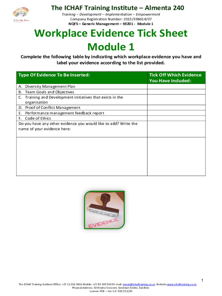 Fillable Online Workplace Evidence Tick Sheet Module 1 Fax Email Print ...