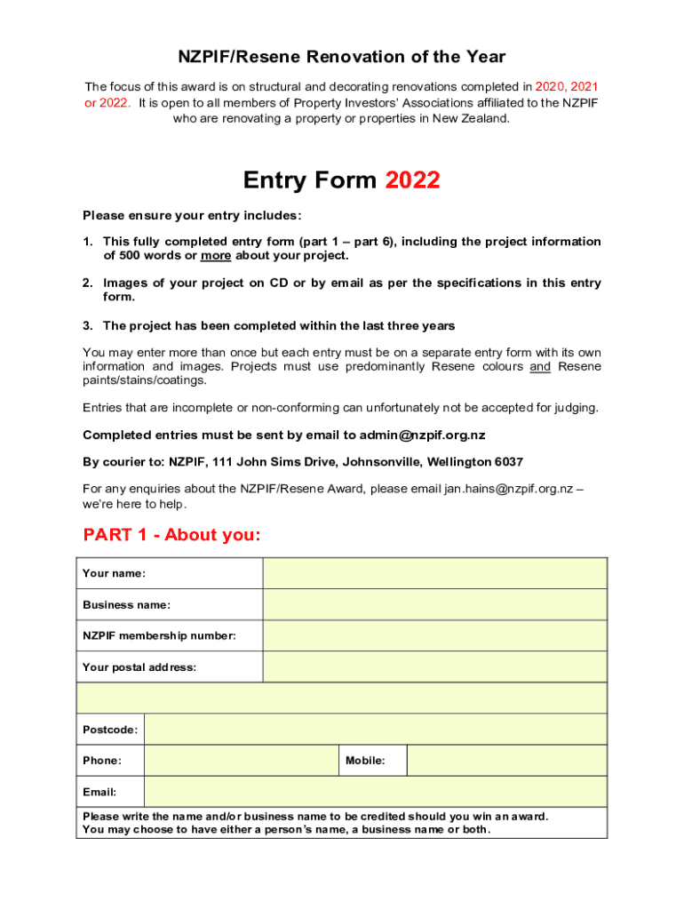 Fillable Online pimms nzpif org 2022 NZPIF/Resene Renovation of the ...