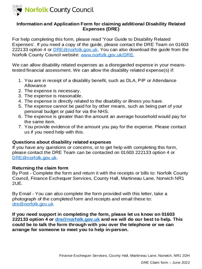 Disability Related Expenses claim - Norfolk County Council Doc Template ...