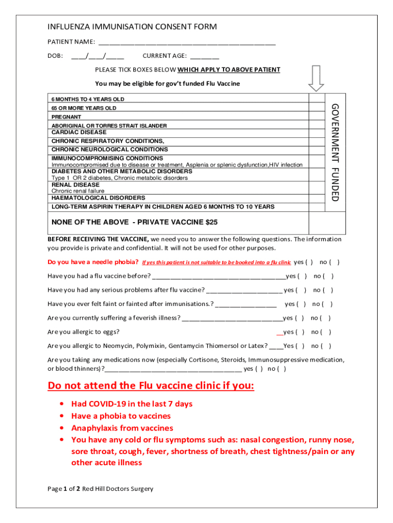 Influenza Immunisation Consent Form - Blank Fillable Template | Fill ...