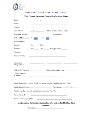 Fillable Online New Patient Summary Form - The Meridian Clinic Fax ...