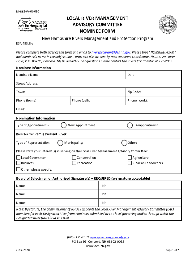 Fillable Online Warner River Local River Management Advisory Committee ...