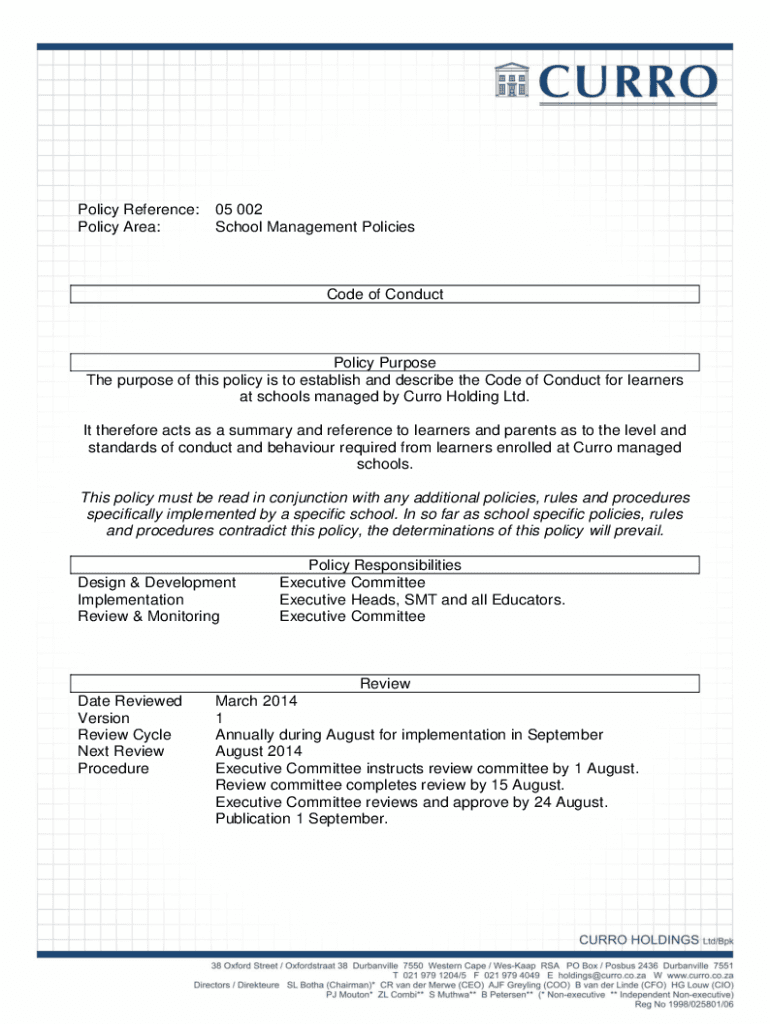 Fillable Online School Management Policies Code of Conduct Policy ...