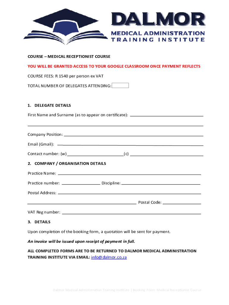 Fillable Online Booking Form: Medical Receptionist Course Fax Email ...