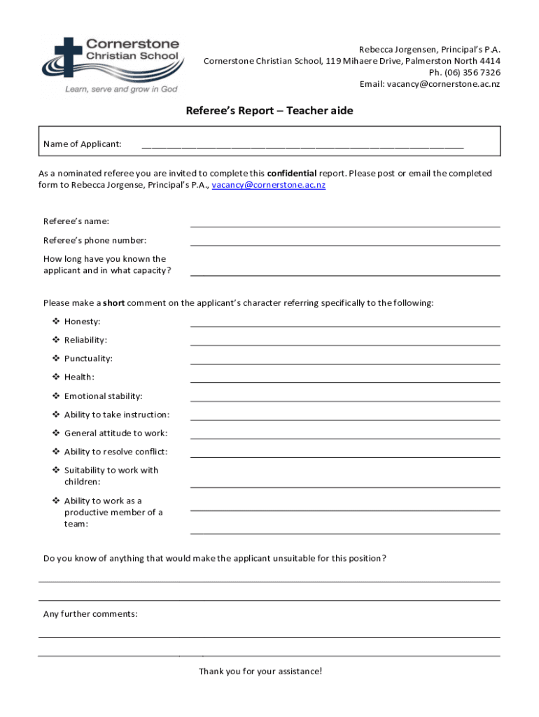 Fillable Online Referee form - teacher - - Cornerstone Christian School ...
