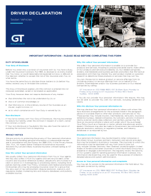 Fillable Online Driver Declaration - Sedan Vehicles. GT Insurance ...