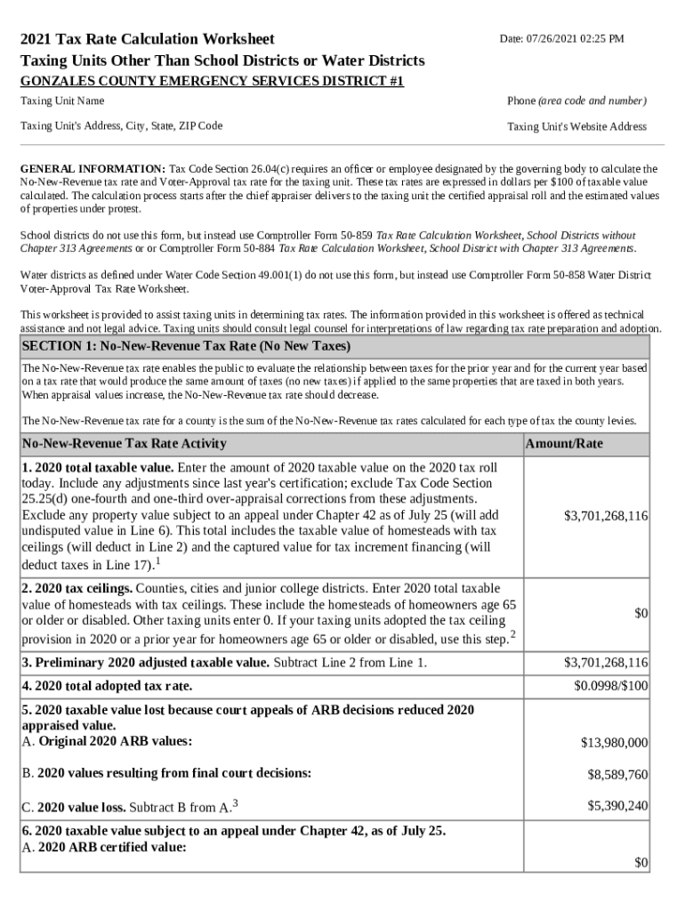 Fillable Online 2021 Tax Rate Calculation Worksheet - Gonzales County Fax Email Print - pdfFiller