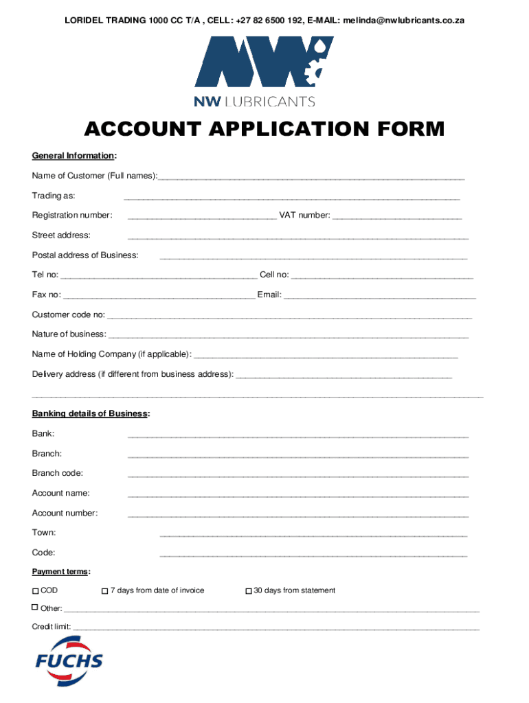 Fillable Online account application form - NW Lubricants Fax Email Print - pdfFiller