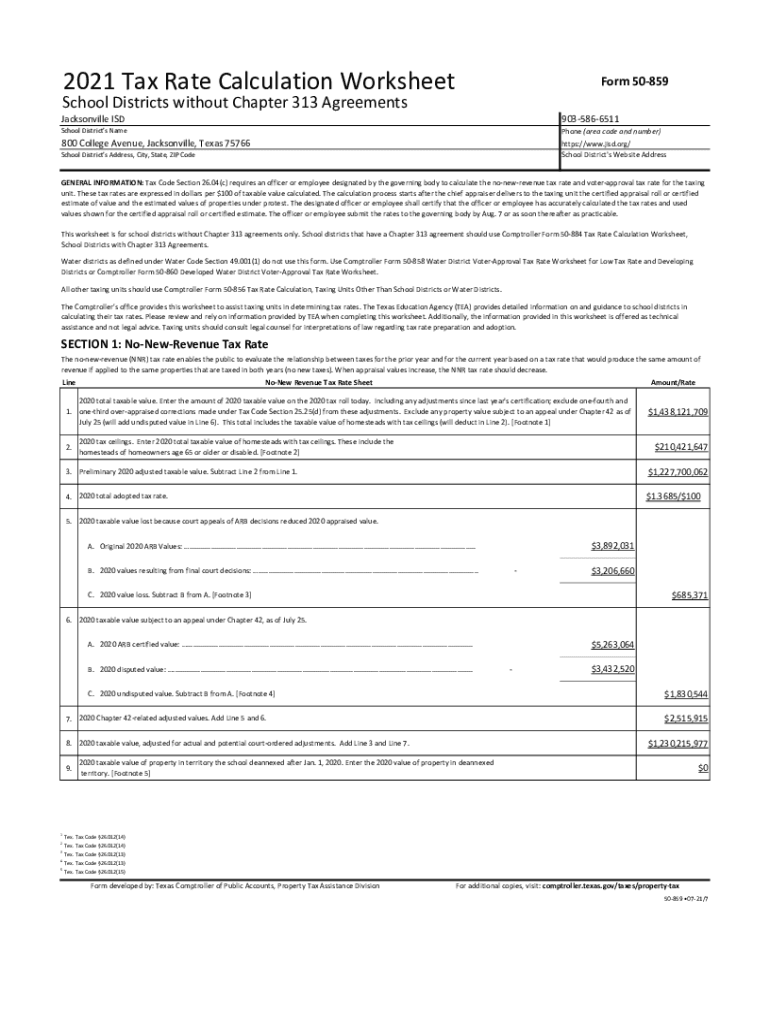 Fillable Online 2020 Tax Rate Calculation Worksheet - School Districts ...