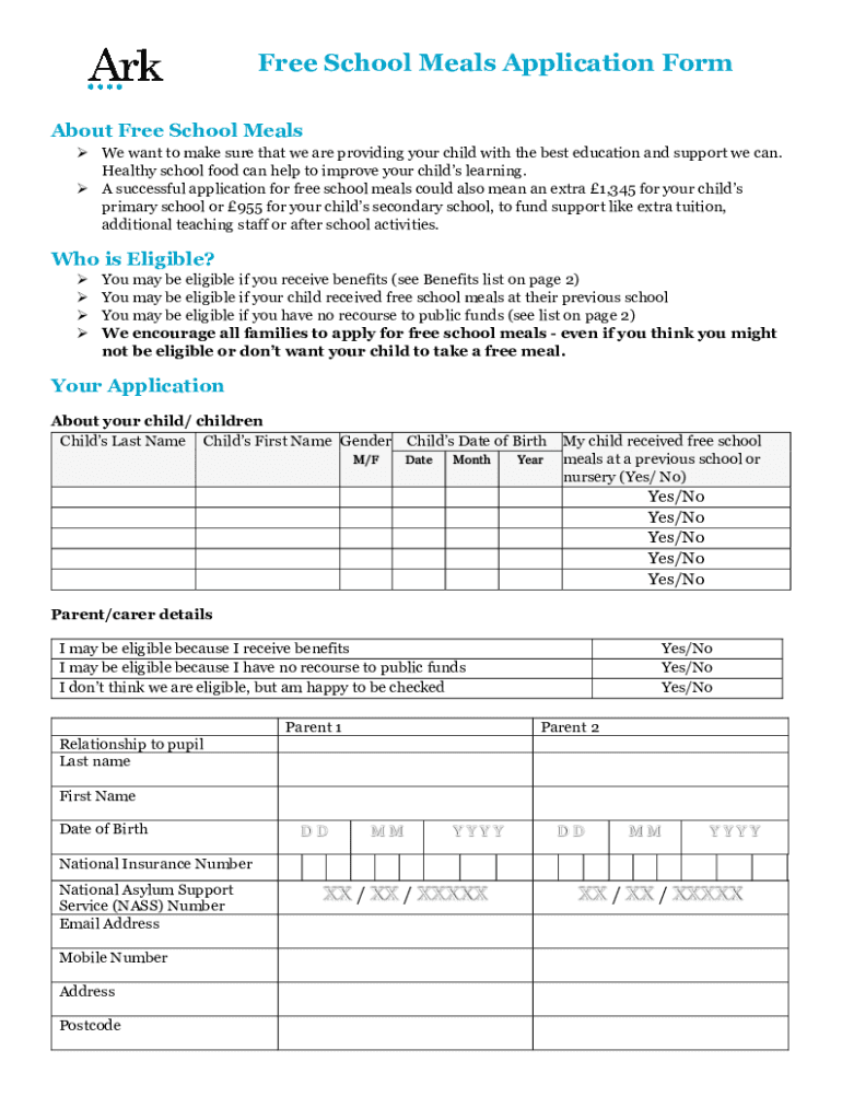 Fillable Online Free School Meal Application Form - Nene Park Academy ...