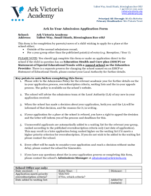 Fillable Online In Year Admission Pupil Information Sheet Fax Email ...