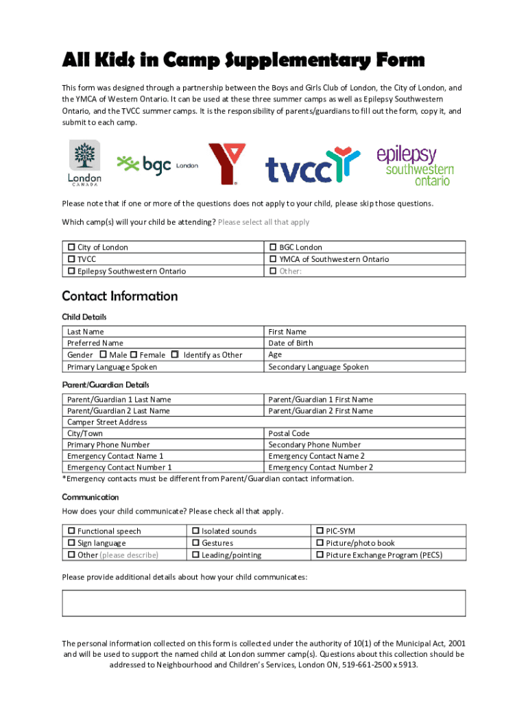 Fillable Online All Kids in Camp Supplementary Form - City of London ...
