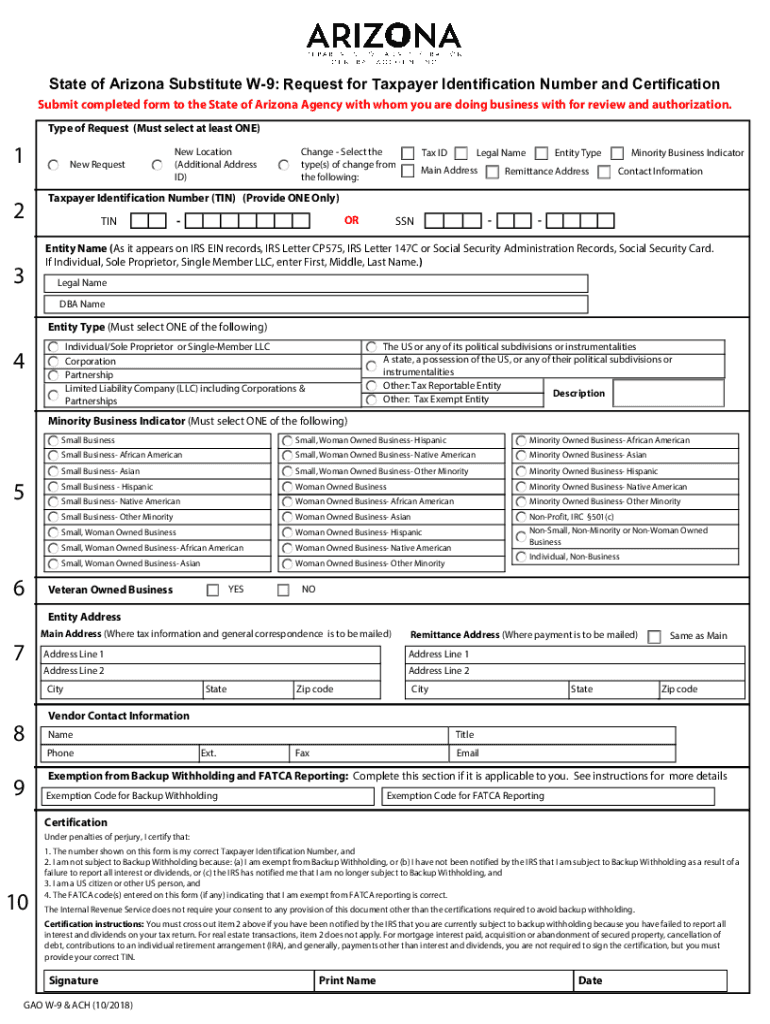 Fillable Online State of Arizona Substitute W-9 and ACH Vendor ... Fax ...