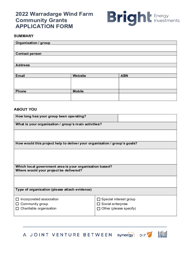 Fillable Online 2022 Warradarge Wind Farm Community Grants application ...